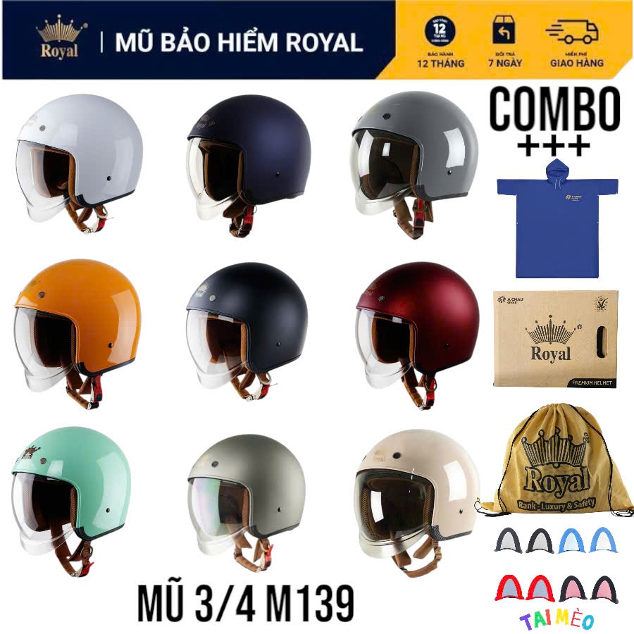 Mũ Bảo Hiểm ROYAL 3/4 M139 & 1/2 M239 Xe Máy Kính Âm Thương Hiệu ROYAL HELMETS BH 12 Tháng Full ...