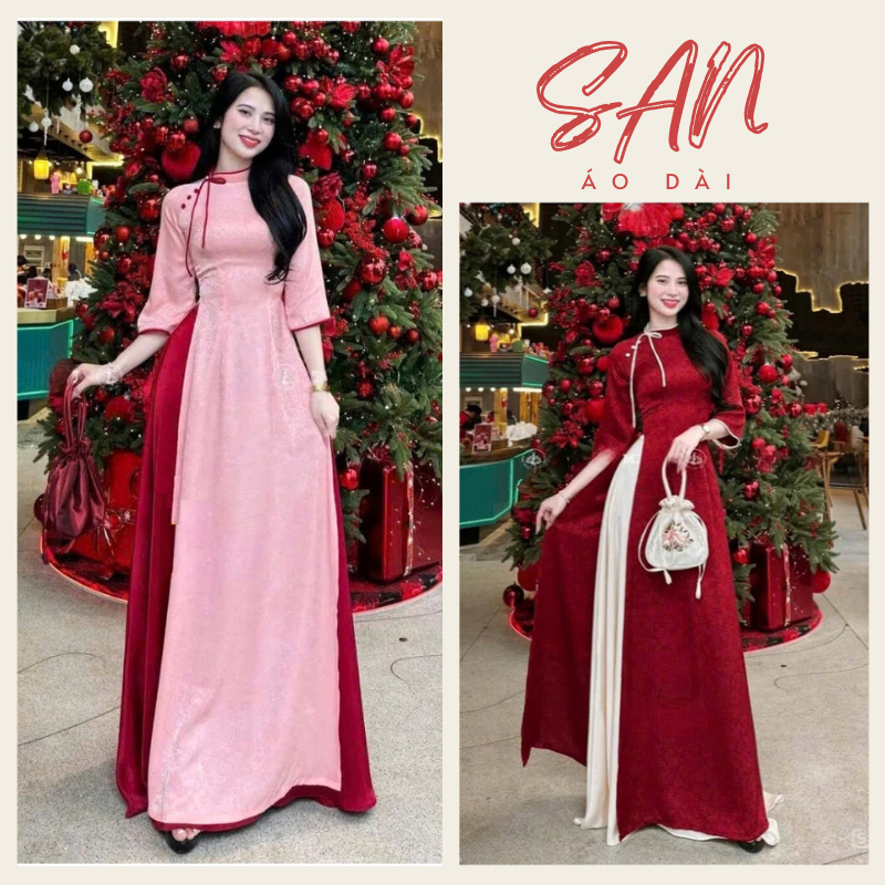Áo Dài Nữ Truyền Thống, Gấm Hoa, Cổ Lệch Phối Nơ, Trẻ Trung (MD43-H ...