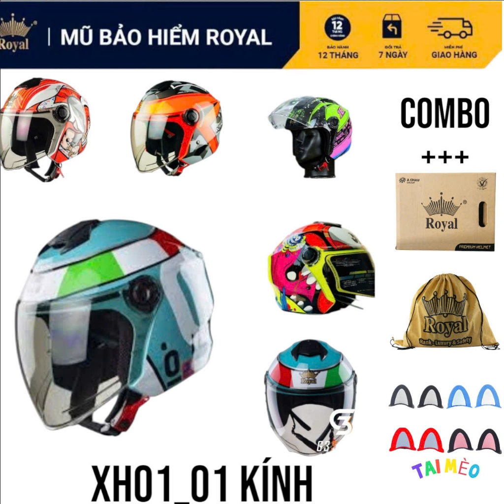 ROYAL HELMET- XH01_01 Kính và M268_02 Kính Mũ 3/4 Chính Hãng ROYAL ...
