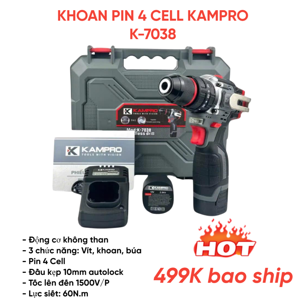 Máy Khoan Pin Kampro K-7038, 3 Chức Năng, Đầu Kẹp 10ly Autolock, Động ...
