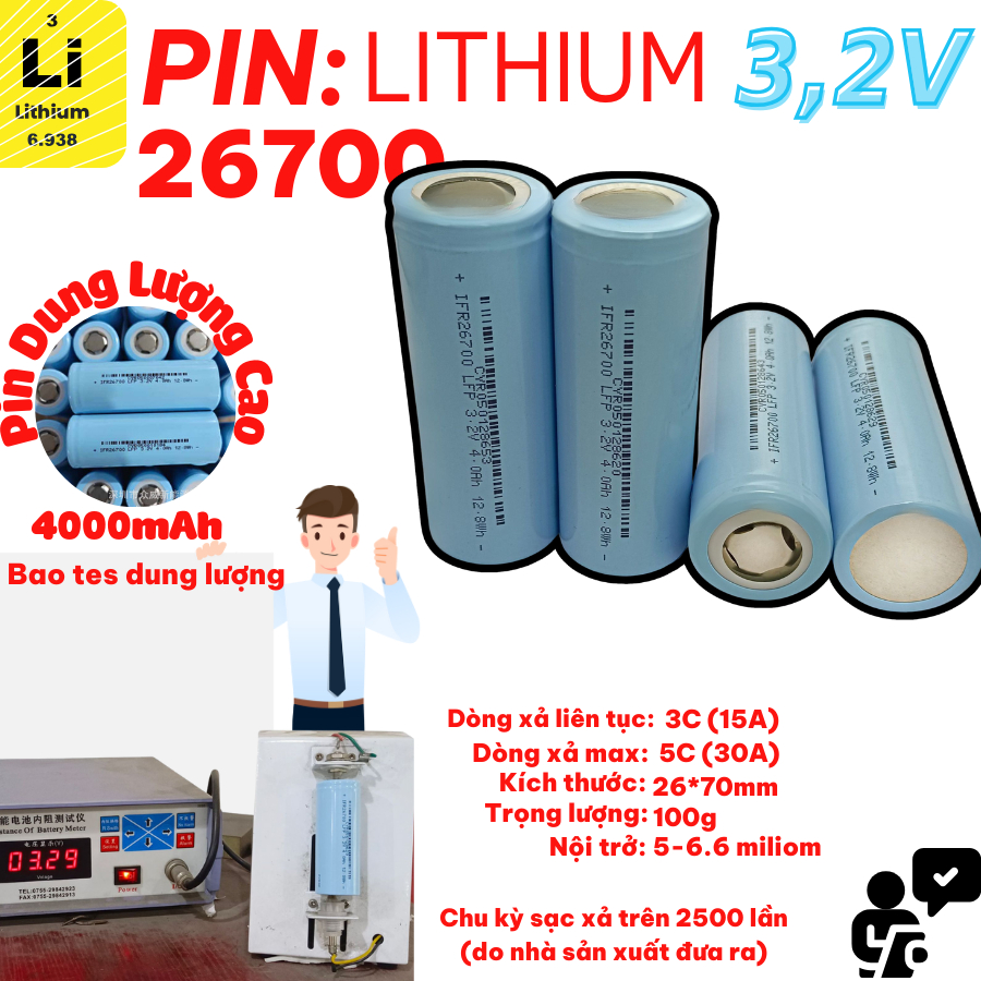 Cell Pin Li-ion 26700 4000mAh lion 26700 pin 3,2V ~4Ah Dòng xả cao 5C ...
