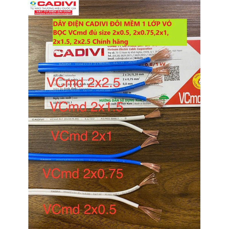 (giá 5 mét) Dây điện Cadivi đôi mềm 1 lớp vỏ các size VCmd 2x0.5 2x0.75 2x1 2x1.5, 2X2.5 ...