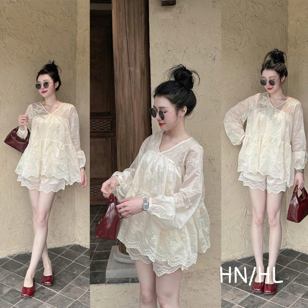 Set đồ áo babydoll bèo phối hoa cổ V mix quần sooc viền ren trẻ trung ...