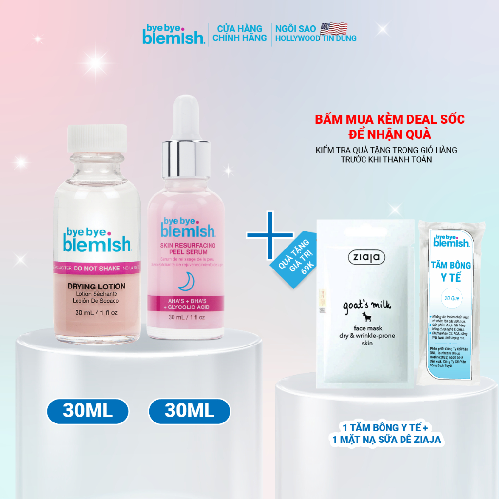 Combo Chấm mụn và Tinh chất Peel da 7% AHA + 2% BHA Bye Bye Blemish giúp giảm mụn sưng đỏ, mờ ...
