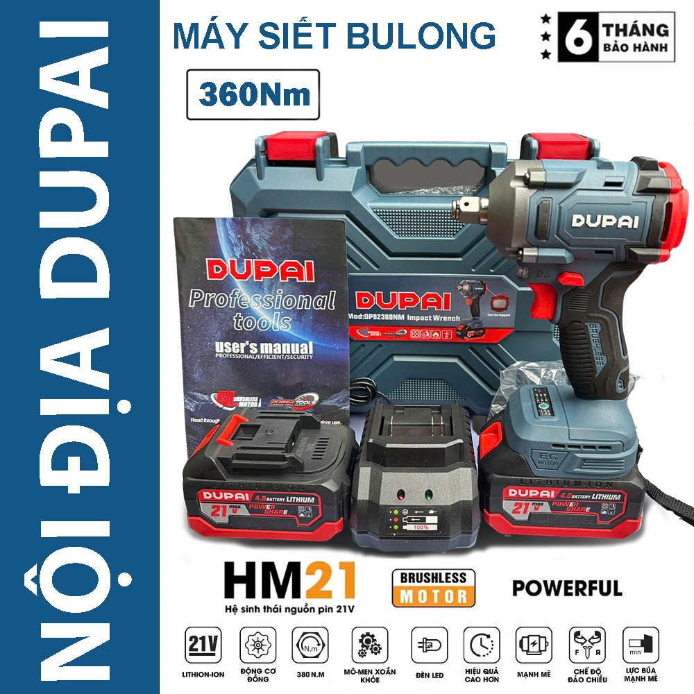 Máy Siết Bulong Pin NỘI ĐỊA DUPAI, Máy bắn bulong, Lực Siết 360Nm,Mở ốc nồi xe ga, ốc bulong ...