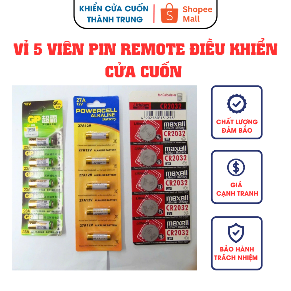 [GIÁ RẺ] Vỉ 5 viên Pin Remote Điều Khiển Cửa Cuốn 12V-23A , 12V-27A, 3V ...