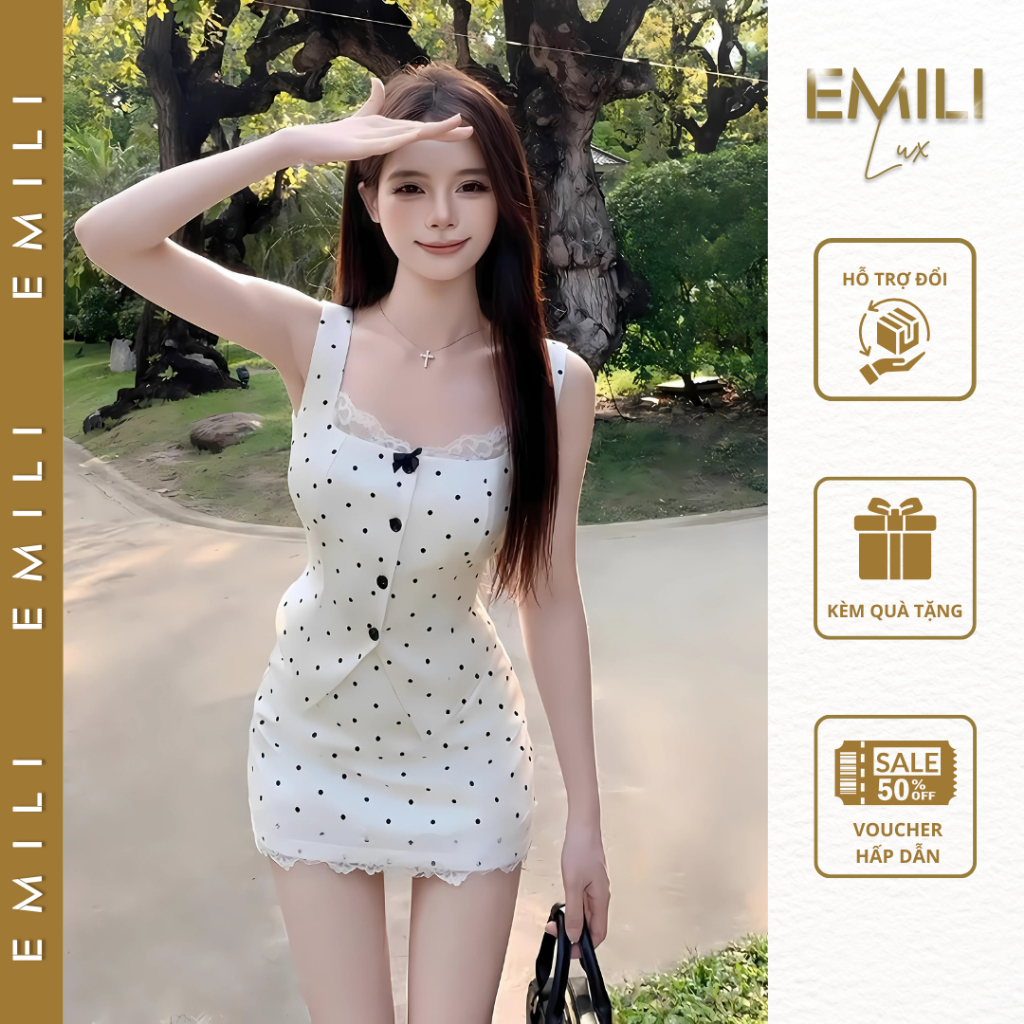 Set áo hai dây bản to chấm bi phối ren Emili mix chân váy ngắn phong cách kiểu nữ [V428 ...