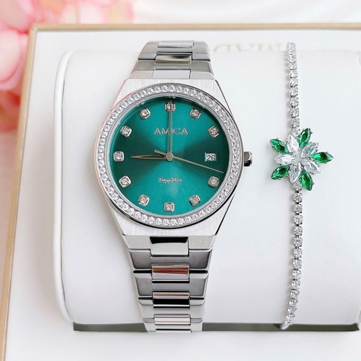 Đồng Hồ Nữ Amica A071 Dây Vỏ Inox Kính Sapphire Silver Green 33mm Chính ...