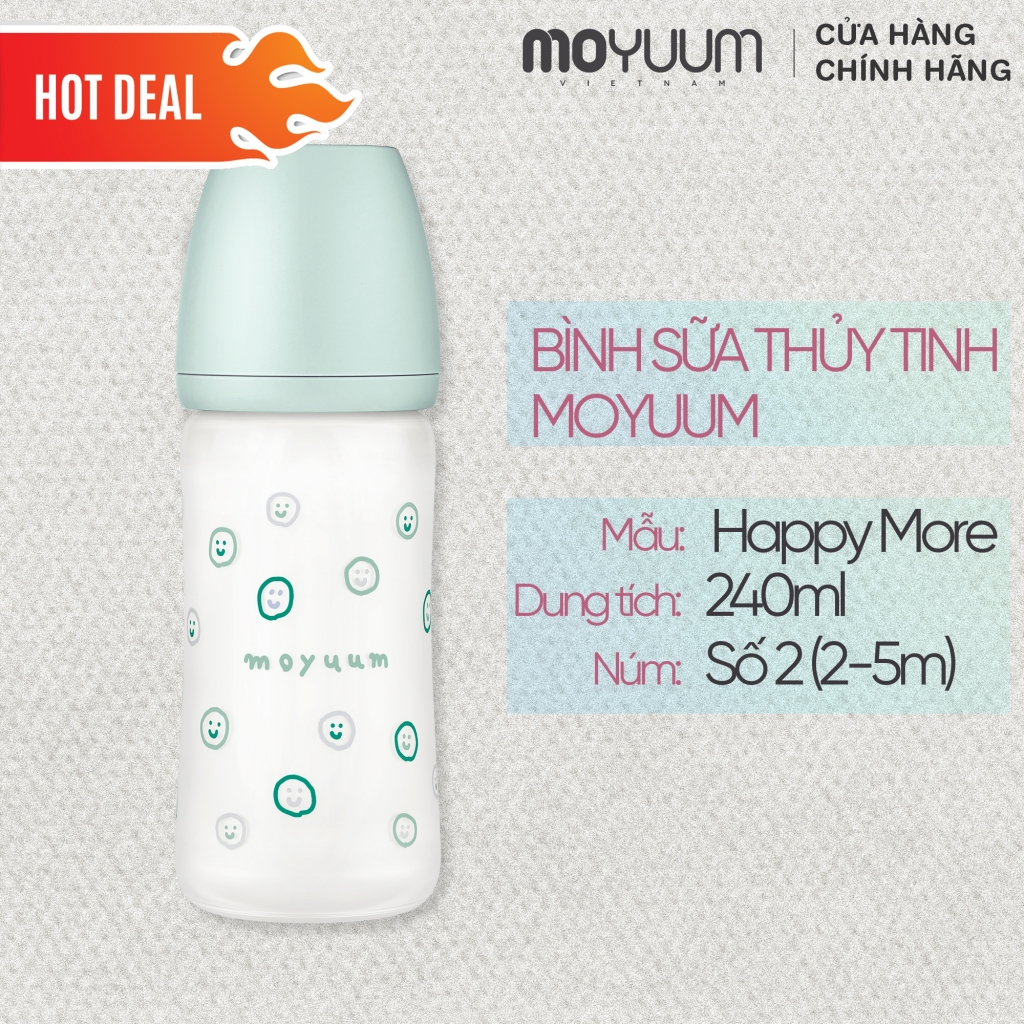 [QUÀ TẶNG] Bình sữa Thủy tinh tráng silicon Moyuum - Mẫu xanh - 240ml - Kèm núm 2 (2-5 tháng ...