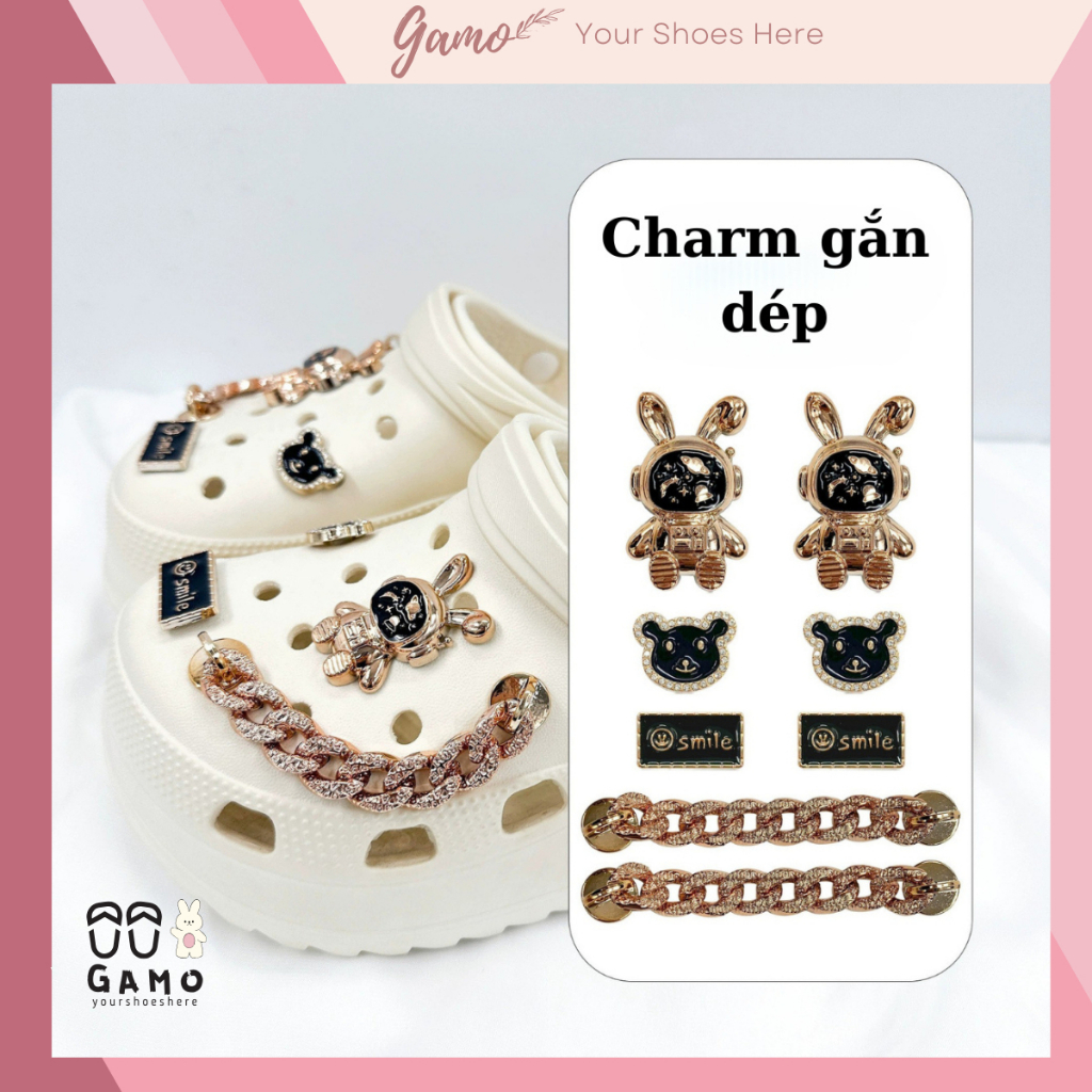 Bộ 8 Sticker, Charm 3D chủ đề Gấu Phi hành gia nhựa cứng gắn Dép Cross ...