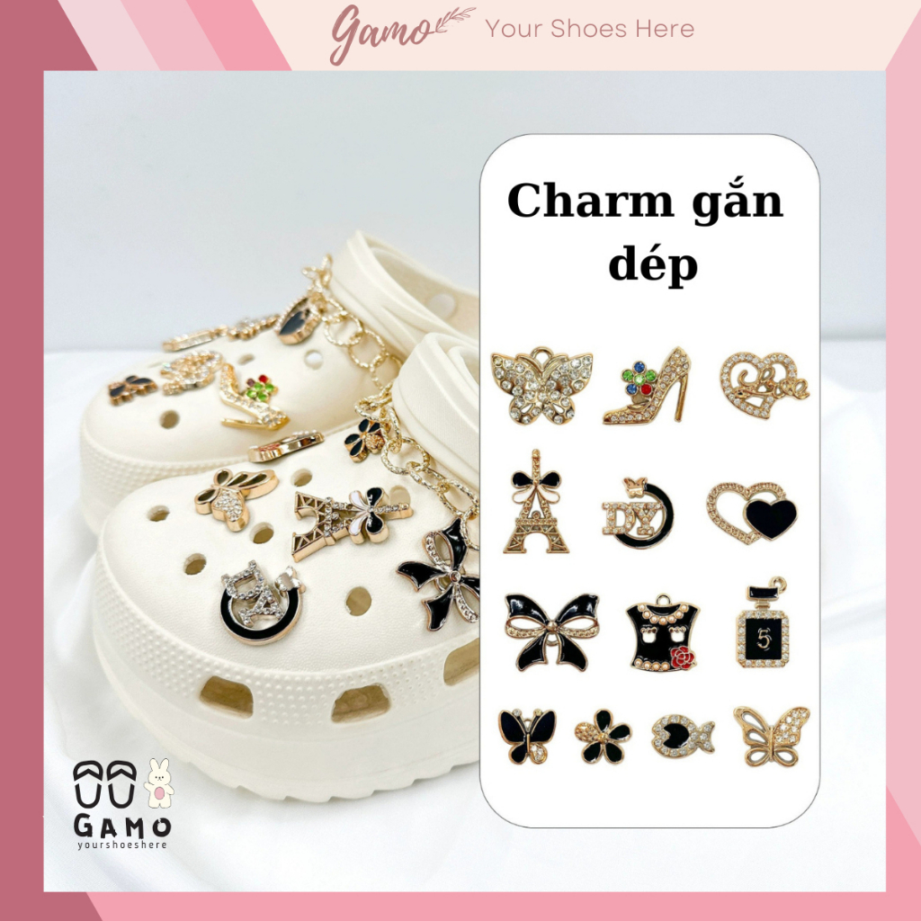 Bộ 16 Sticker, Charm 3D chủ đề PARIS bling nhựa cứng gắn Dép Cross, Dép ...