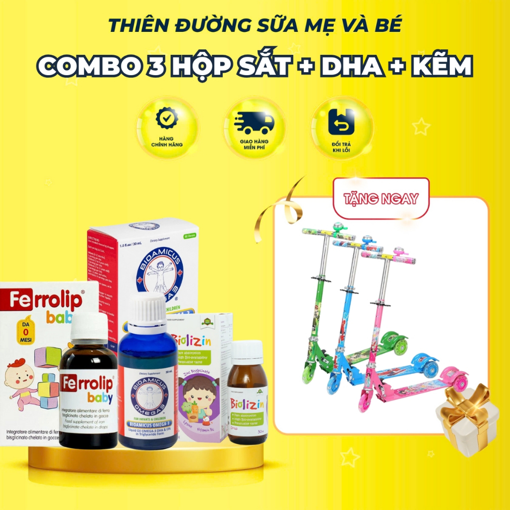 Combo 3 hộp gồm BioAmicus DHA 30mL, Sắt Ferrolip Baby và Kẽm Biolizin ...