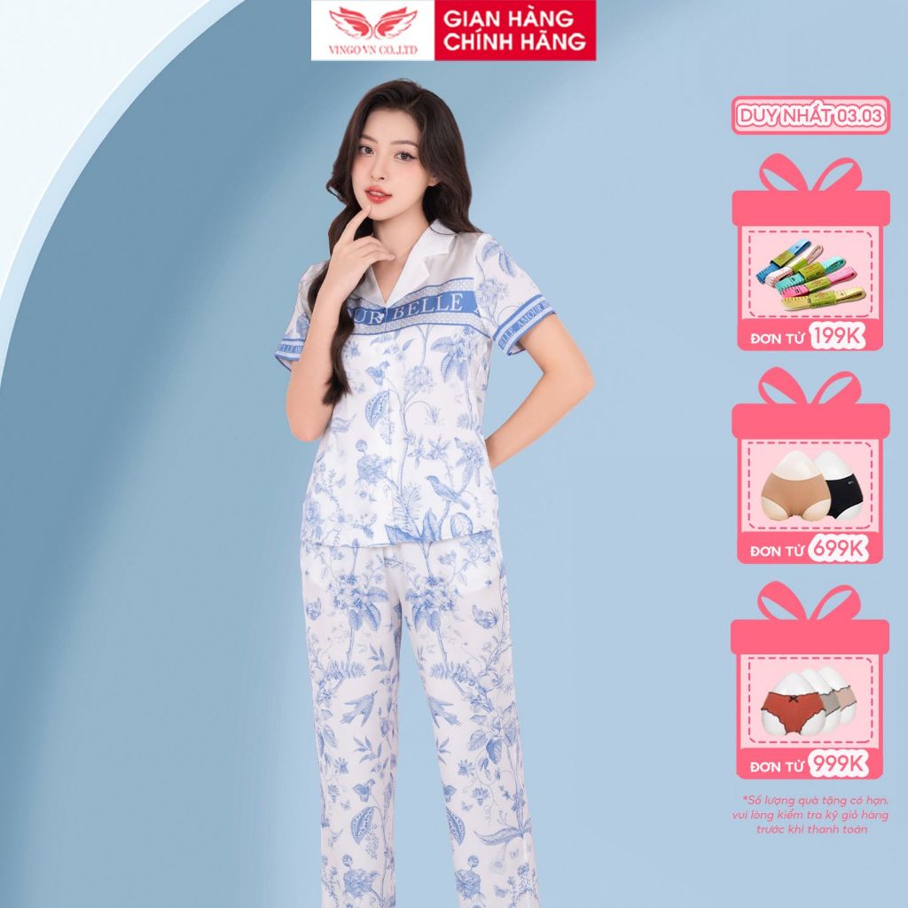 Bộ đồ ngủ Pijama lụa mặc nhà VINGO tay ngắn quần dài hoa phù dung xanh ...