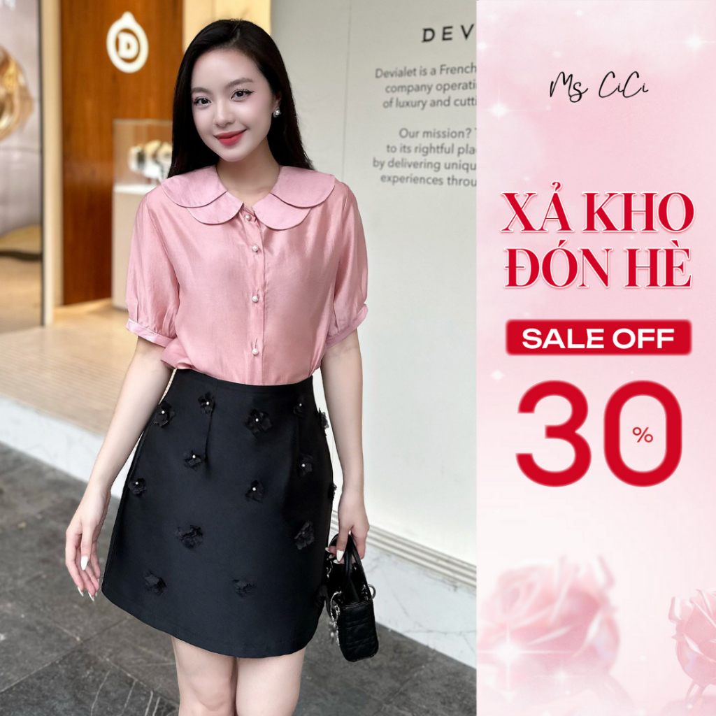 Sơ mi Lena Ms Cici thiết kế cổ lá kép độc đáo, tay ngắn bồng nhẹ điều ...