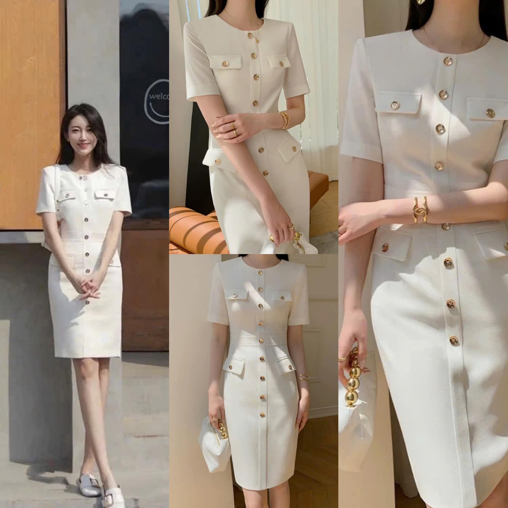 ẢNH THẬT - Váy công sở ngắn tay khuy vàng màu trắng kem VNXK - 118V02 ...
