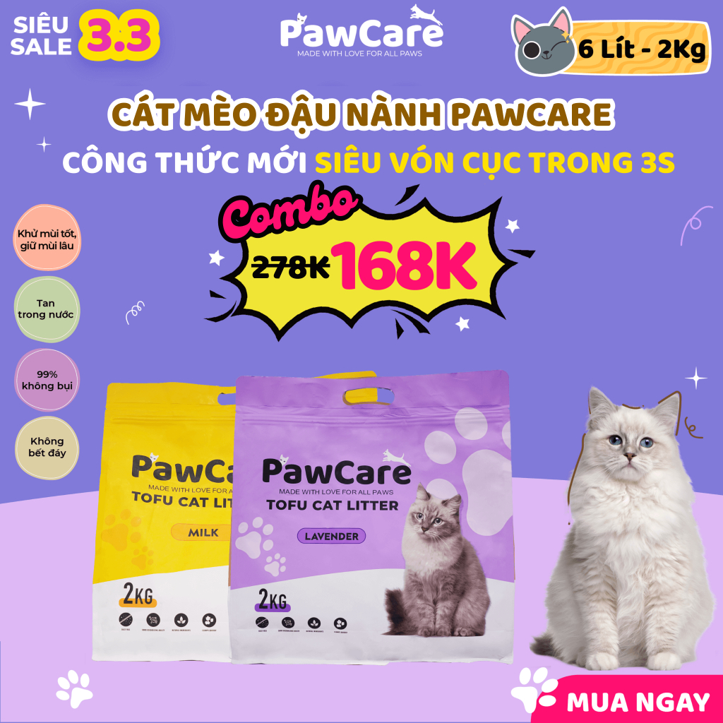 [3.3 SALE SỐC] Mua 2 chỉ 168K - Combo 2 Cát mèo đậu nành PawCare 2L 4KG siêu vón, không bụi, xả ...