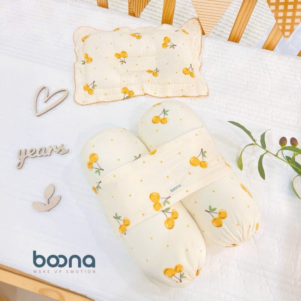Bộ gối sơ sinh kèm chặn định hình đầu Boona vải muslin cao cấp kết hợp với bông kháng khuẩn giúp ...