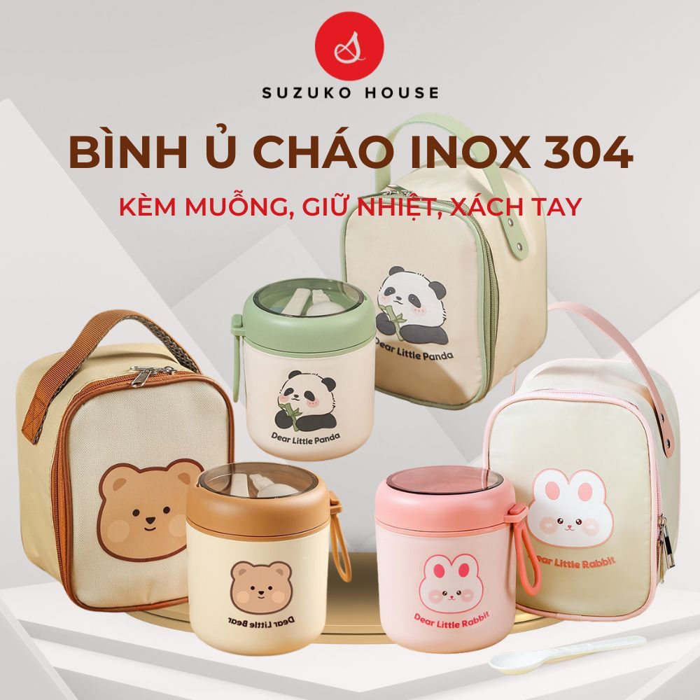 Bình ủ cháo giữ nhiệt inox 304 Rabbit, Bear, Panda SUZUKO HOUSE, Hộp đựng súp canh kèm thìa văn ...