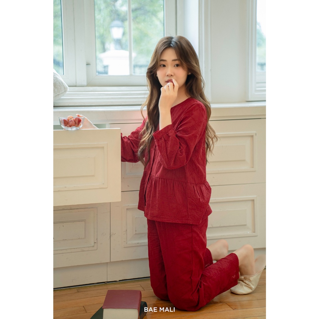 BAE MALI - SP739 Bộ mặc nhà thô boil đỏ thêu ô tay lỡ dáng babydoll ...