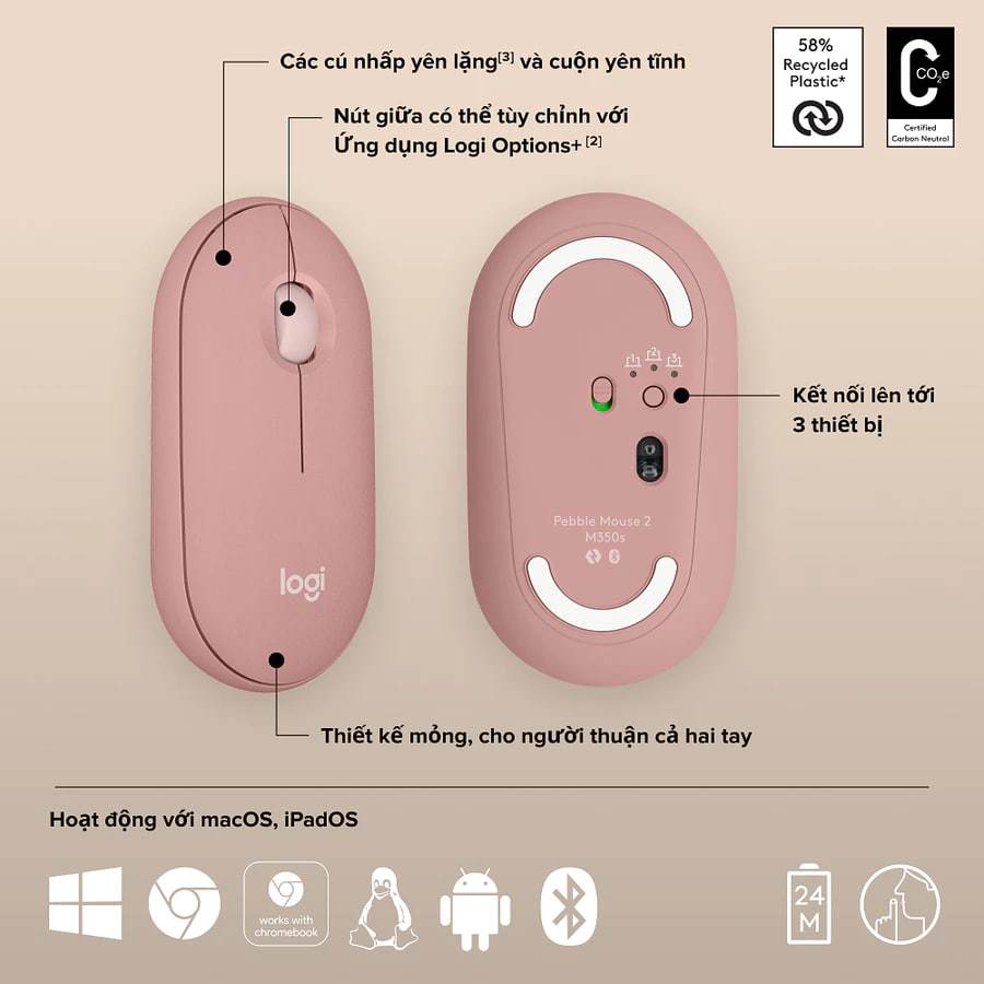 Chuột Bluetooth Logitech M350s Pebble 2 Silent - Mỏng nhẹ, Nút tùy ...