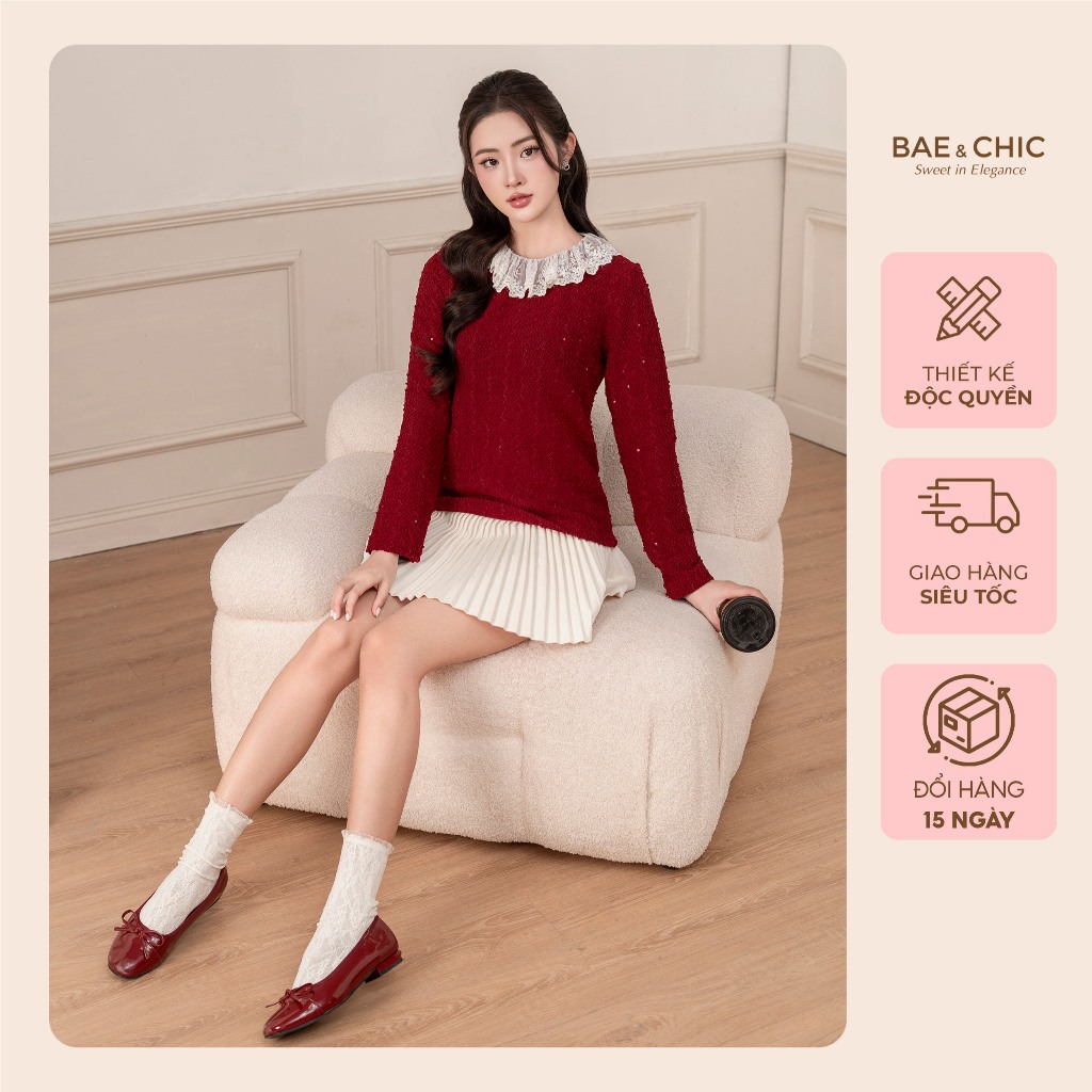 Áo Kiểu Nữ Bae Chic Dài Tay Cổ Phối Bèo Nhún Màu Đỏ Mặc Đi Tiệc Chụp Ảnh AB82 | Shopee Việt Nam