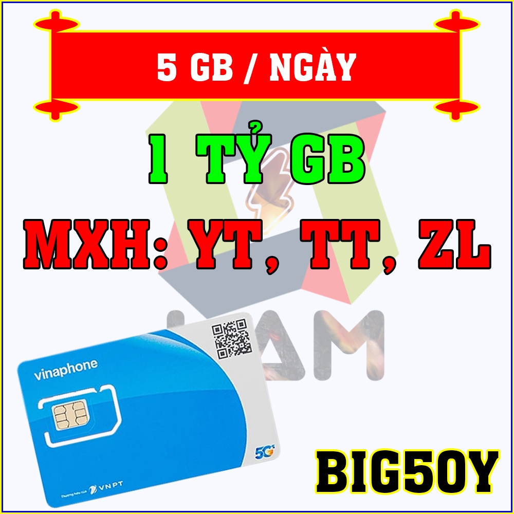 (Có eSIM) Sim 4G 5G Vinaphone BIG50Y 5GB/ngày.Tỷ Gb App MXH. Trọn gói 1 năm. Không nạp tiền ...