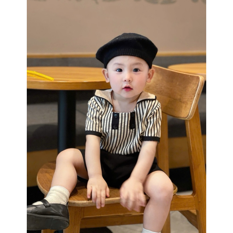 Bộ quần áo kẻ be viền đen chất đũi mát (form bé) | Shopee Việt Nam