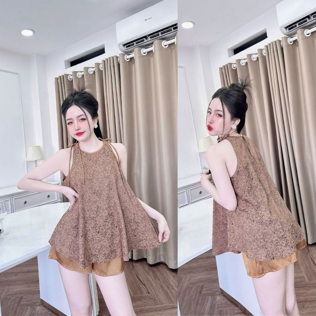 Đồ Ngủ Sexy, Đồ Ngủ Yếm Lụa Gấm Cao Cấp Mềm Mịn