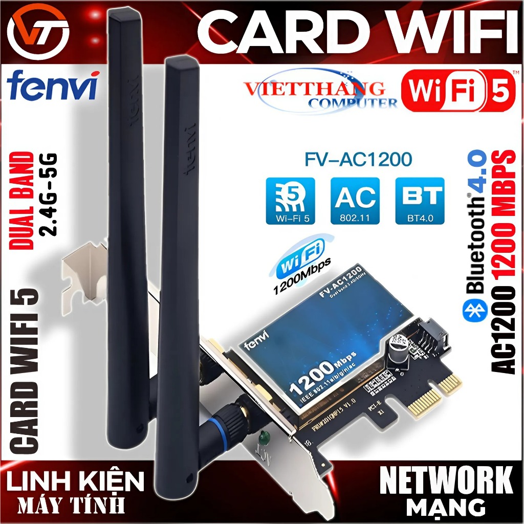 Card mạng Fenvi Wifi 5 Dual Band 2.4GHz/5GHz AC1200 1200Mbps 802.11ac Bluetooth 4.0 Tản nhiệt ...