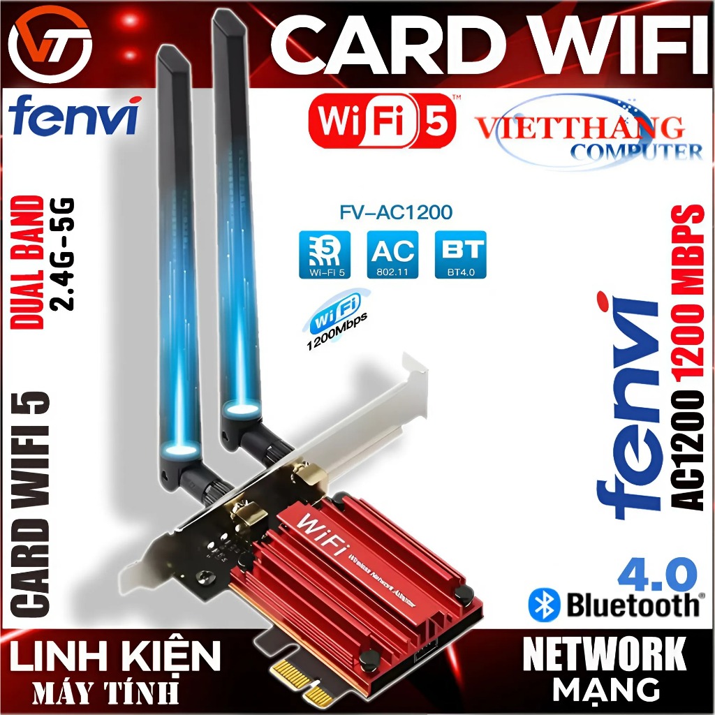 Card mạng Fenvi Wifi 5 Dual Band 2.4GHz/5GHz AC1200 1200Mbps 802.11ac Có Bluetooth 4.0 Tản nhiệt ...