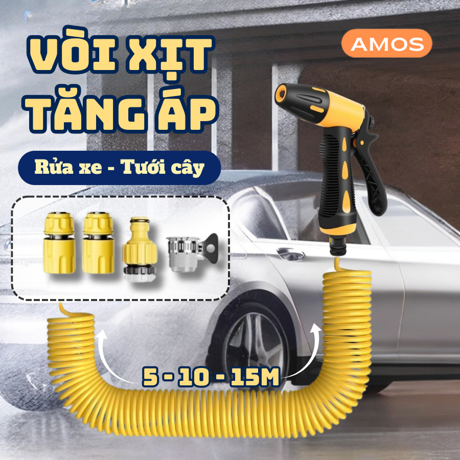 Vòi Xịt Tăng Áp AMOS Dây Lò Xo Chống Gập Tưới Cây, Rửa Xe Gia Đình, Dọn ...