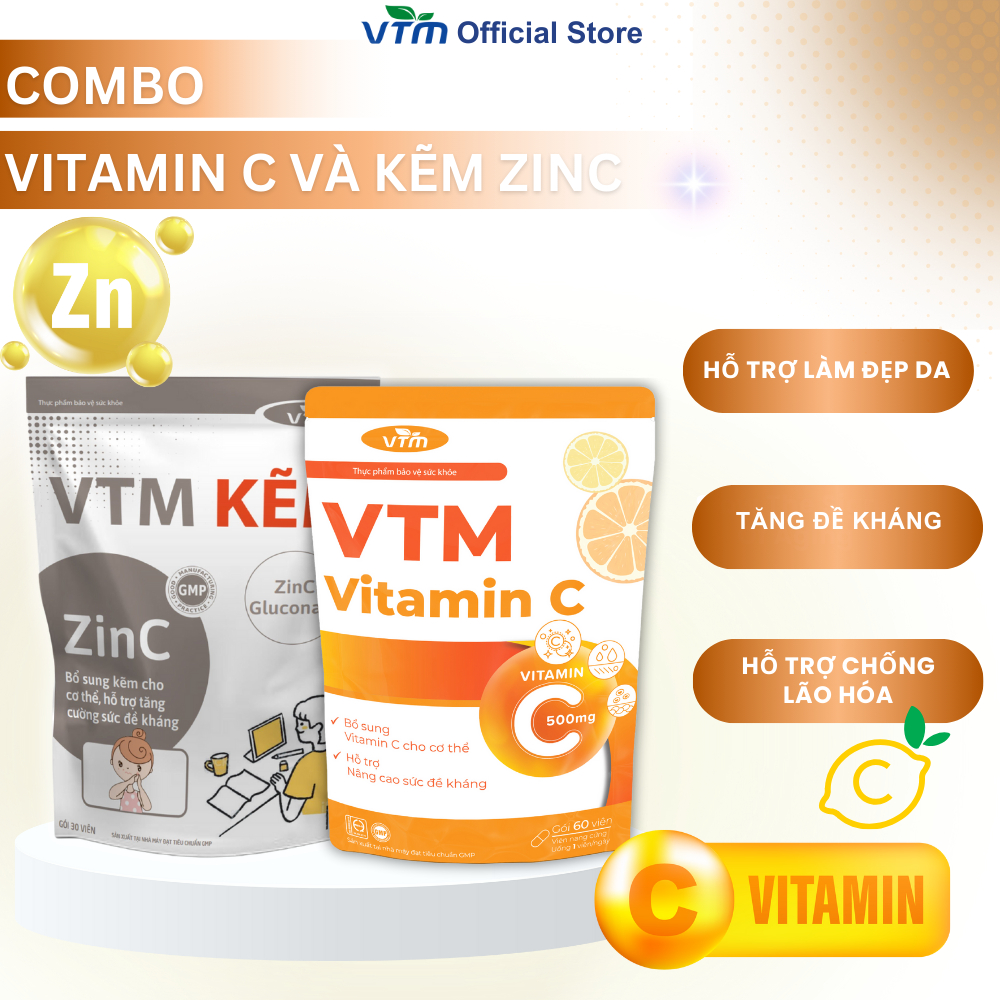 Combo Giảm mụn mờ thâm, Gấp đôi đề kháng VTM Vitamin C và VTM Kẽm - 30 ...