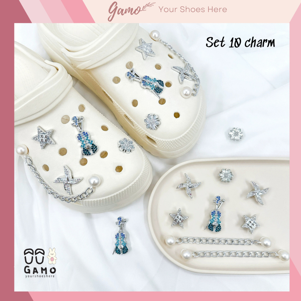 Bộ 10 Sticker, Charm 3D chủ đề Cây đàn bling nhựa cứng gắn Dép Cross ...