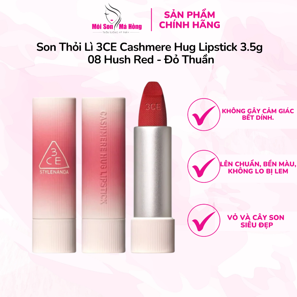 Son Thỏi Lì 3CE Cashmere Hug Lipstick 3.5g 08 Hush Red - Đỏ Thuần ...