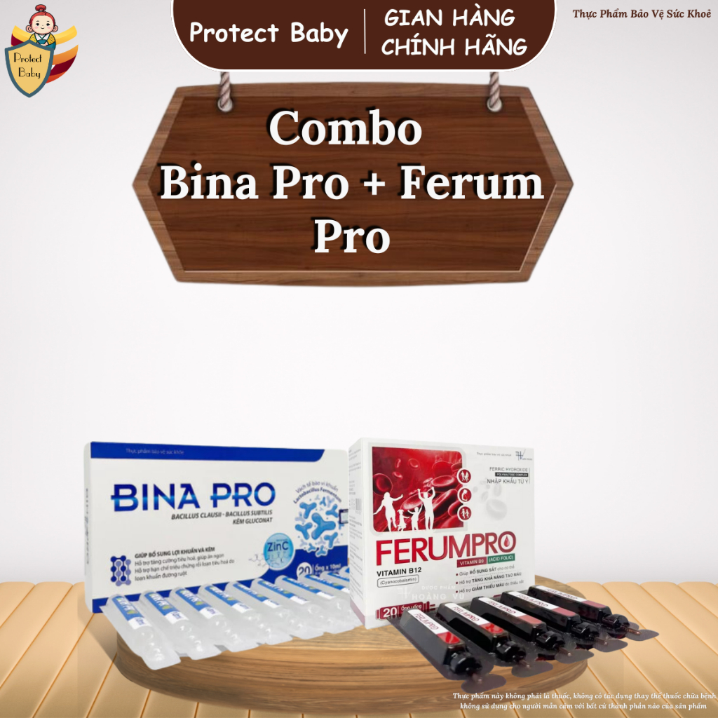 Combo Bổ sung Men vi sinh và Sắt (Bina Pro và Ferum Pro) (Hộp 20 ống ...