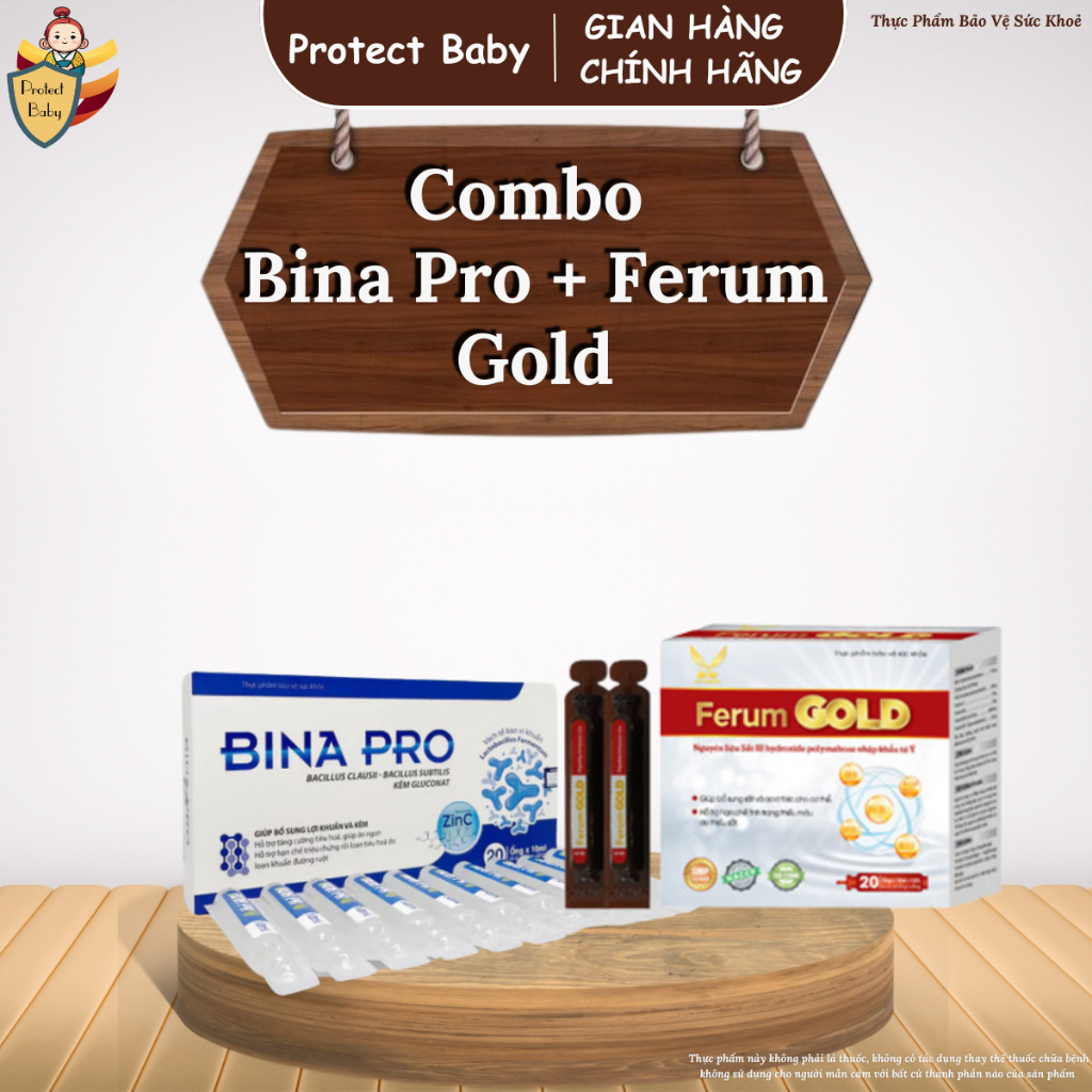 Combo Bổ sung Men vi sinh và Sắt (Bina Pro và Ferum Gold) (Hộp 20 ống ...