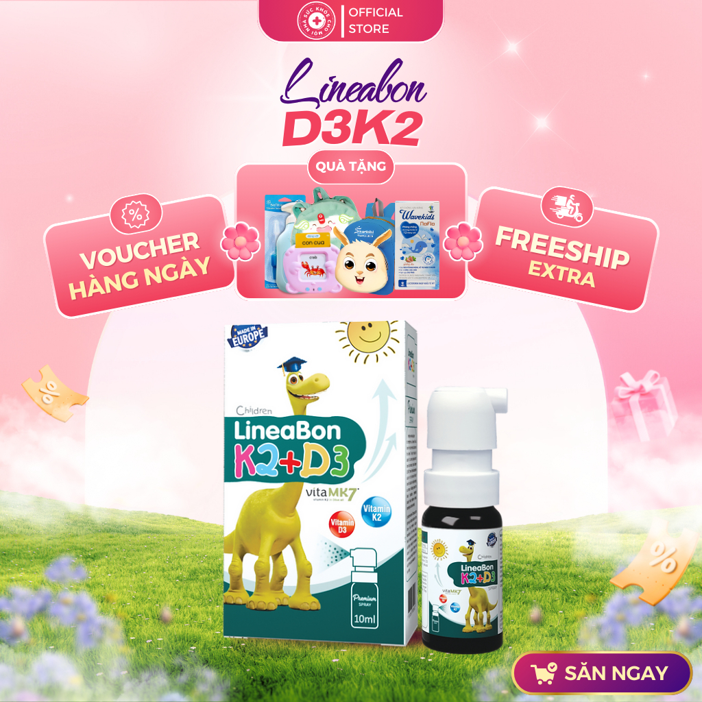 Lineabon D3K2 vitamin MK7 màu xanh dạng xịt tiện lợi hỗ trợ bổ sung vitamin D3, K2 và canxi cho ...