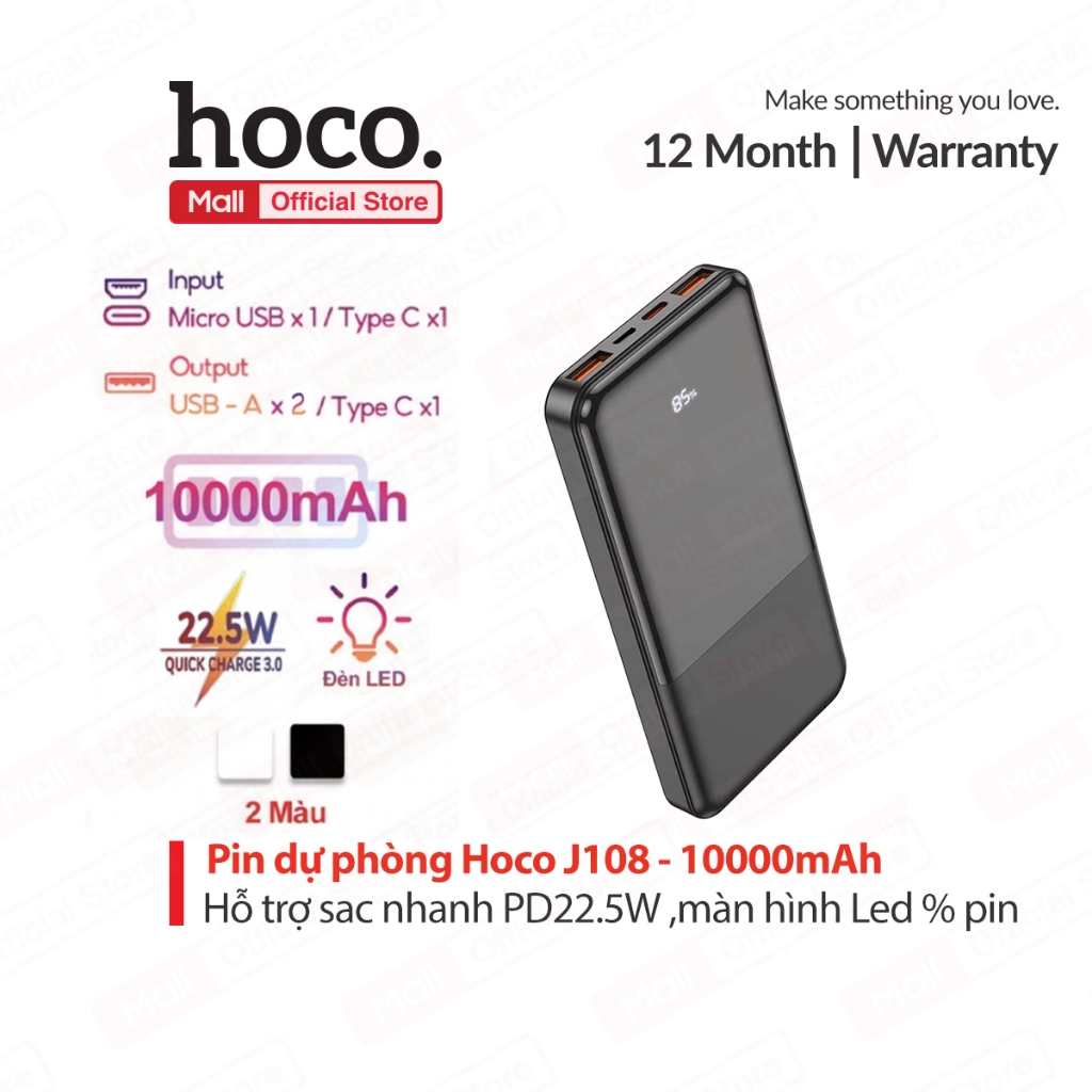 Pin Dự Phòng Hoco J108 10000mAh, Sạc Nhanh PD22.5W , Dung Lượng Lớn, Nhỏ Gọn Tiện Lợi, màn hình ...