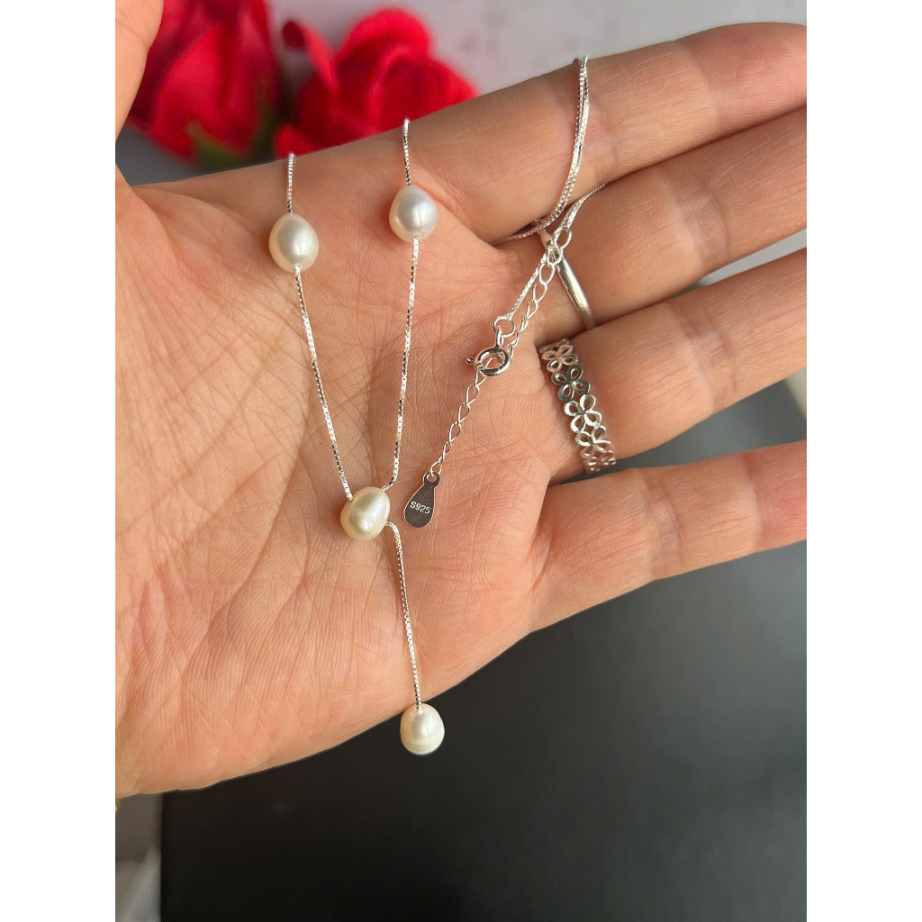 Dây chuyền bạc khắc S925 dạng lụa xuyên tâm 6 viên ngoc trai trắng bóng đẹp dài 39 + 5cm mặt 3 ...