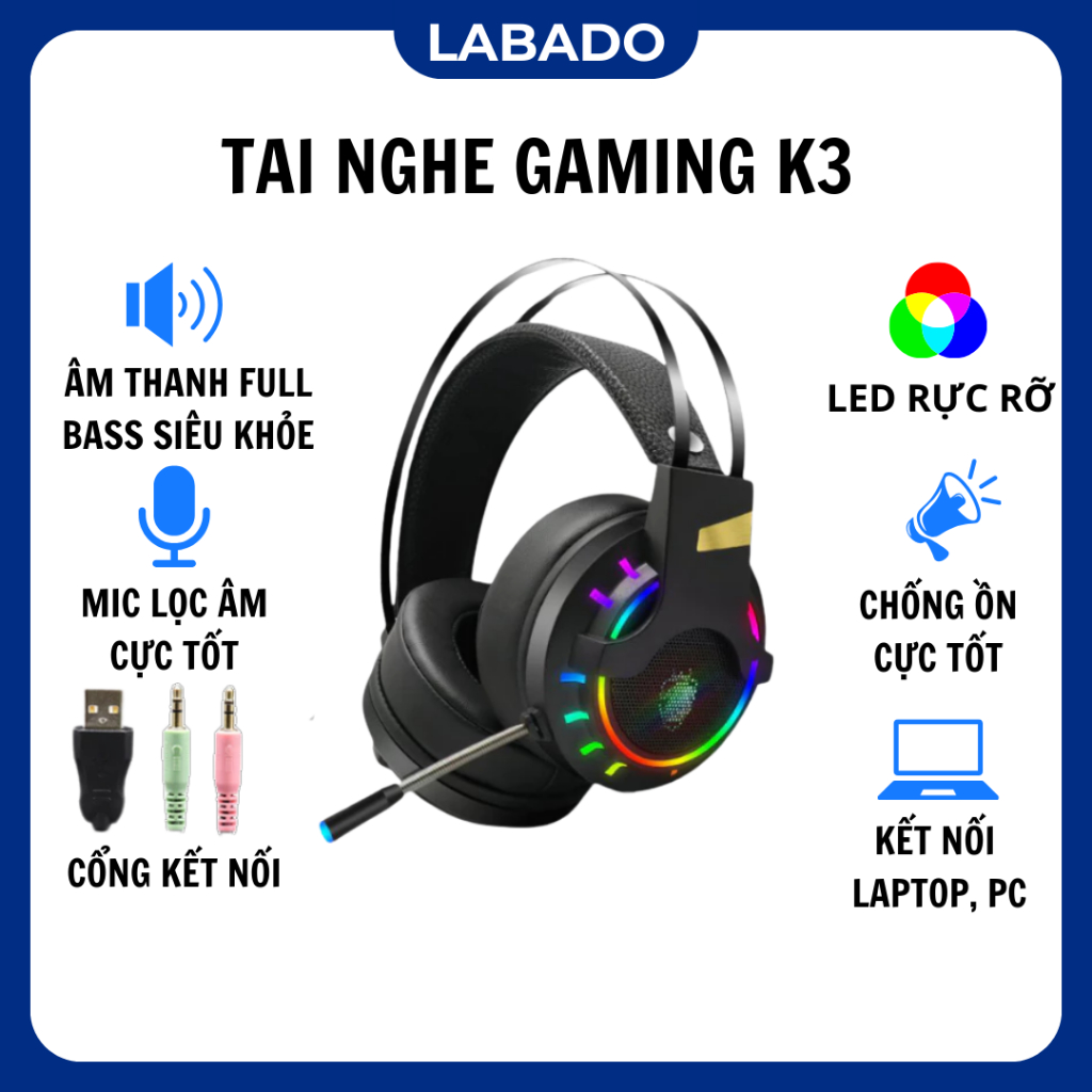 Tai nghe chụp tai có dây LED RGB Gaming cao cấp, tai nghe máy tính pc có mic chơi game K3 LABADO ...