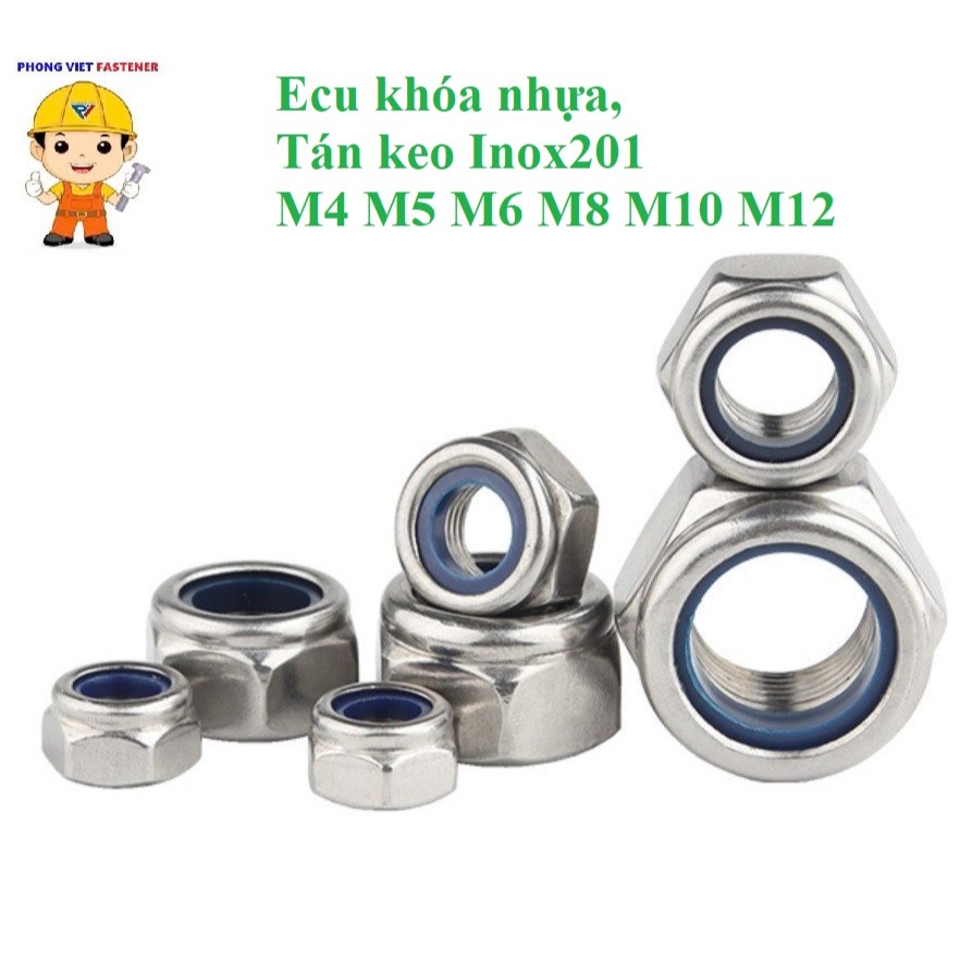 (INOX201) 10 cái M4-M12 Ecu khóa nhựa, tán keo DIN985 INOX 201 M4-M12 ...