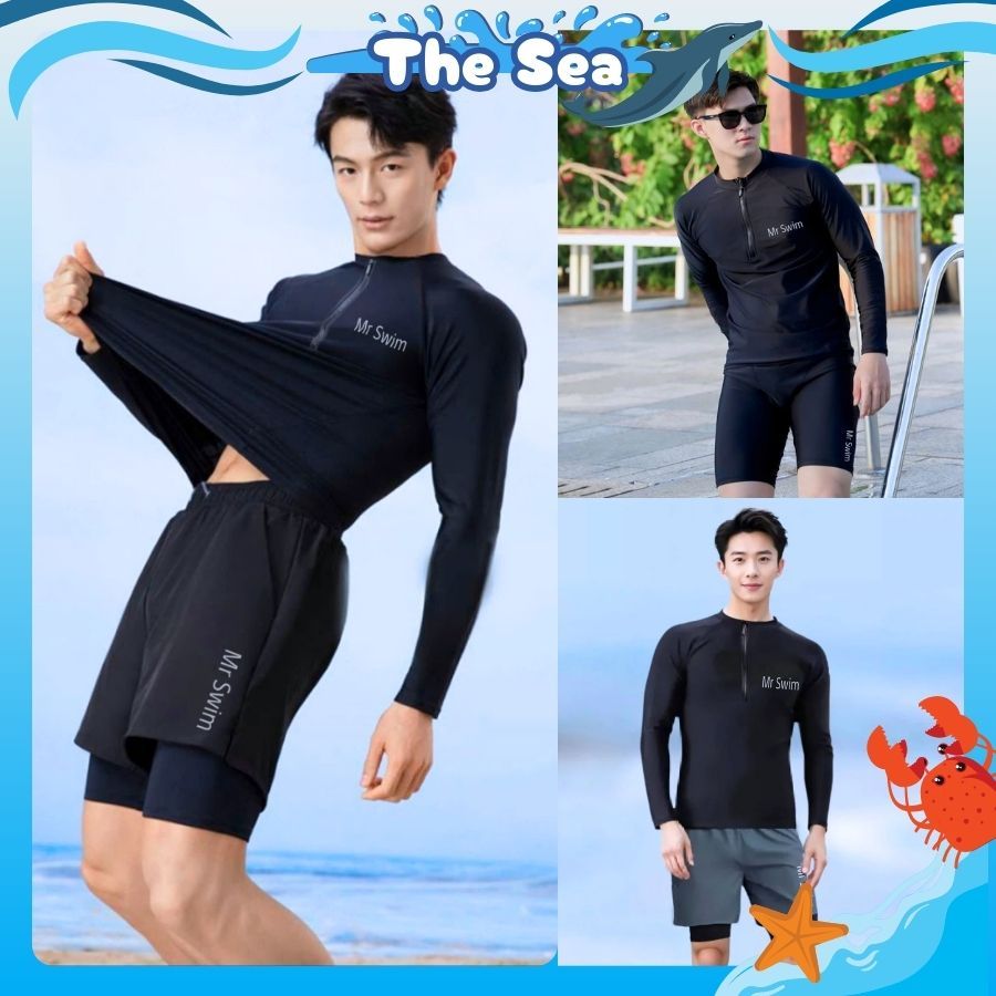 Đồ bơi nam size M - 3XL áo tay dài & tay ngắn có khóa zip kéo bộ đi biển quần đùi 2 lớp nguyên ...