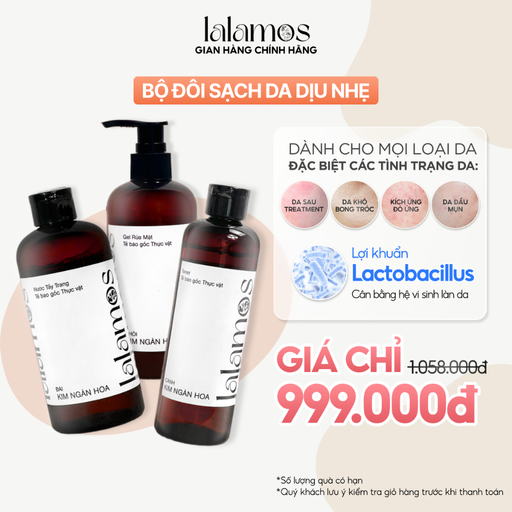 Combo sạch sâu Lalamos Nước tẩy trang 280ml + Sữa rửa mặt 280ml + Toner Kim Ngân Hoa 250ml ...