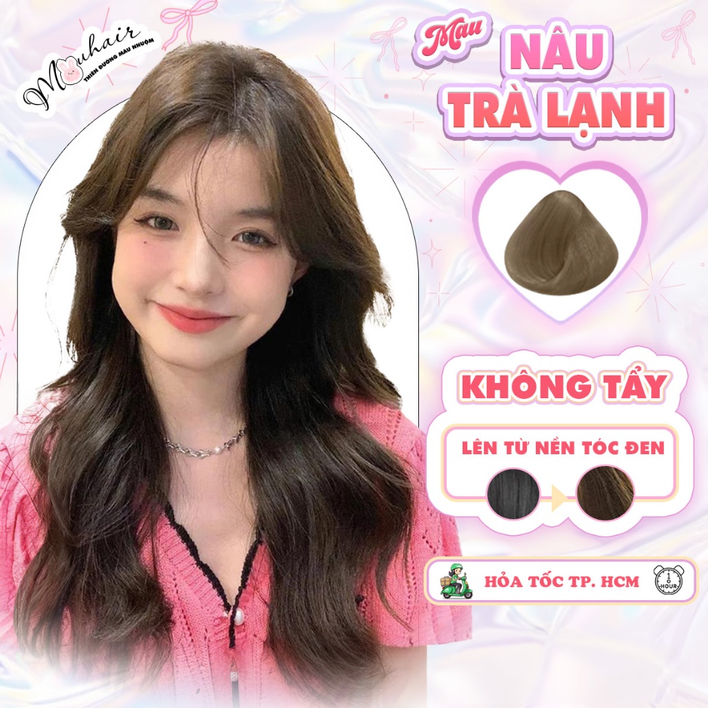 Thuốc nhuộm tóc, Thuốc nhuộm tóc màu NÂU TRÀ LẠNH, Mouhair, tặng oxi trợ dưỡng,bao tay, mũ trùm ...