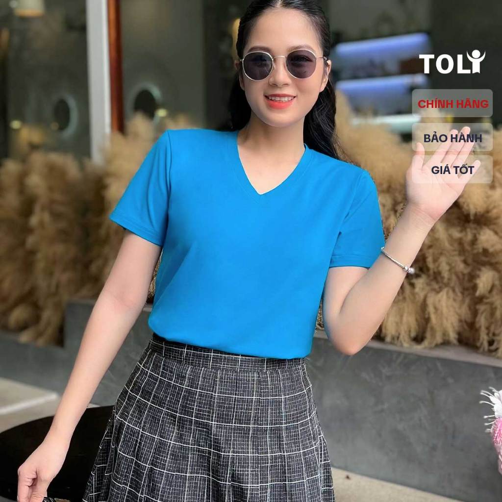 Áo thun trơn nữ cổ tim TOLI 16 màu Form vừa dáng suông, vải cotton 4 ...