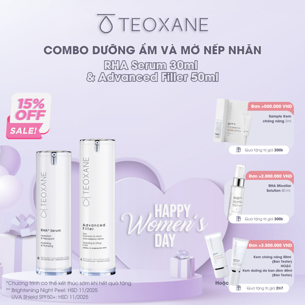 Combo Serum dưỡng ẩm và căng bóng da Teoxane RHA Serum + Kem dưỡng ẩm mờ nhăn Teoxane Advanced ...