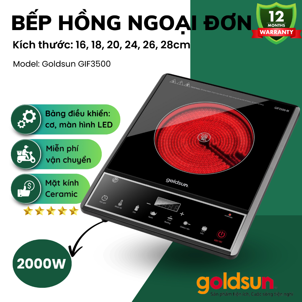 Bếp Hồng Ngoại Goldsun GIF3500 Công Suất 2000W Mặt Kính Chịu Nhiệt Nấu Nhanh Chóng An Toàn Phù ...