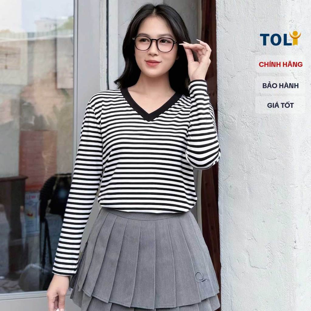 Áo thun tay dài nữ TOLI cổ tim sọc ngang, Form vừa dáng, vải cotton mềm ...