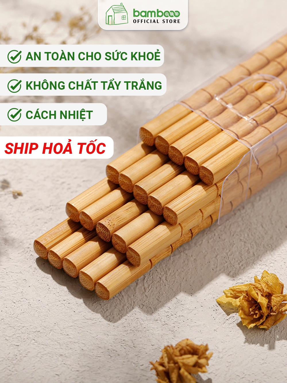 Bộ đũa gỗ tre tự nhiên 10 đôi BAMBOOO ECO an toàn vệ sinh, sử dụng cho ...