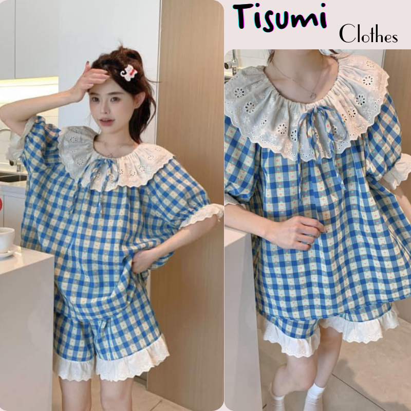 Đồ ngủ nữ, bộ pijama cao cấp kẻ caro xanh blue mix quần short ngắn viền bèo cực xinh Tisumi ...